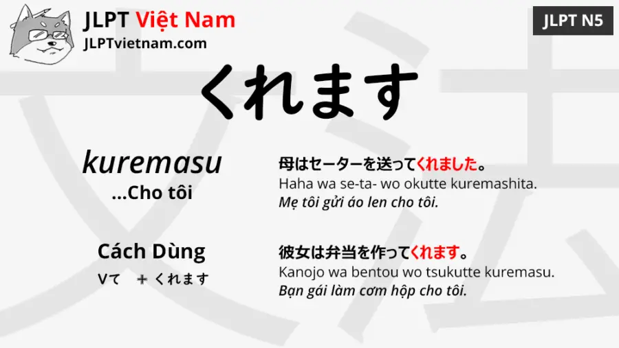 Học Ngữ Pháp JLPT N5: くれます (kuremasu) - JLPT Sensei Việt Nam